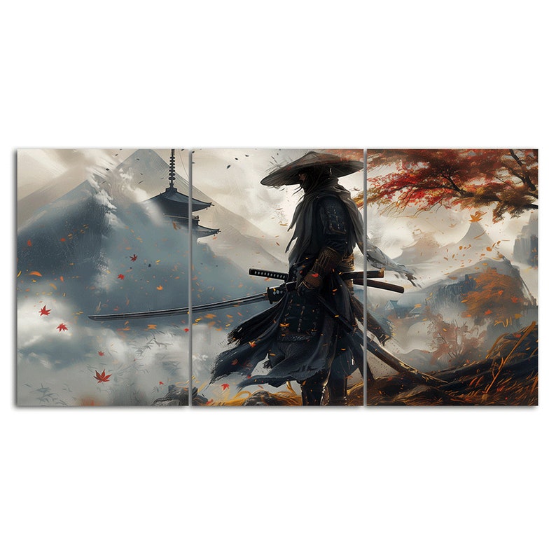 Samurai Swordsman Foggy Japanese Temple Scenery 3 Piece Canvas Wall Art ...
