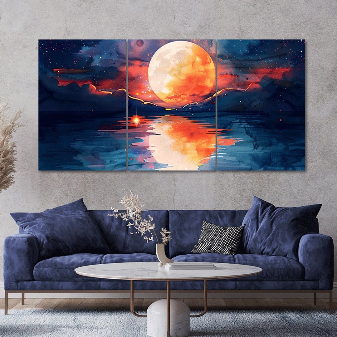 Red Full Moon Rising 3 Piece Canvas Wall Art Framed Multi Panel Prints ...