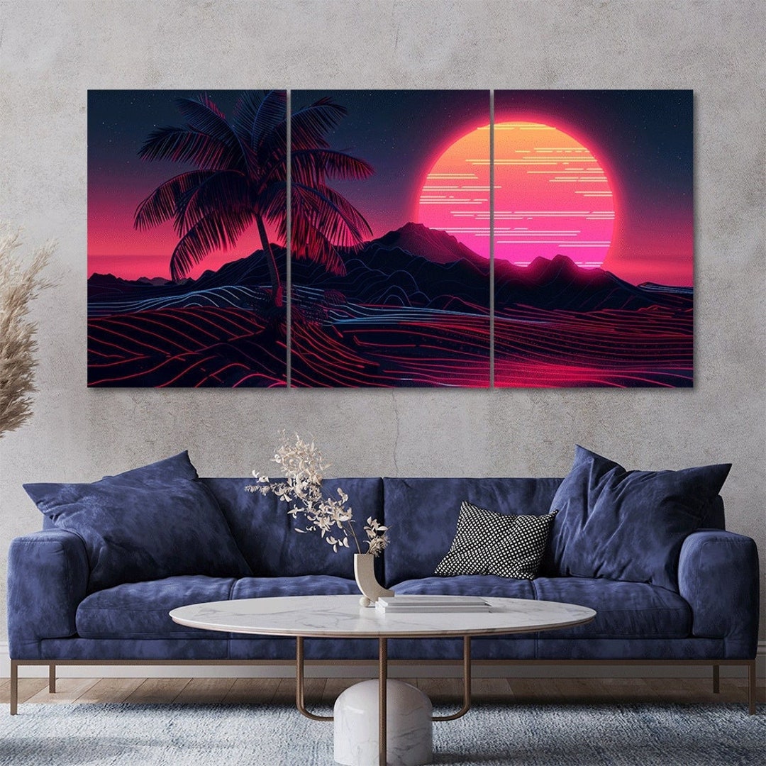 Synthwave Sunset Canvas Art: Retro Vaporwave Framed 3-piece Print - Etsy