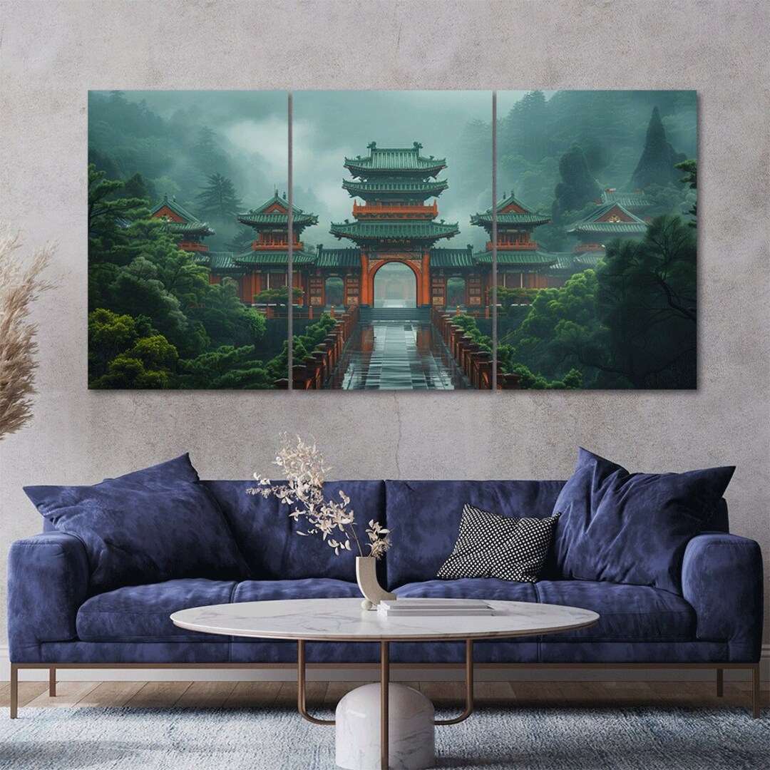 Misty Forest Asian Temple Gates 3 Piece Canvas Wall Art Framed Multi ...