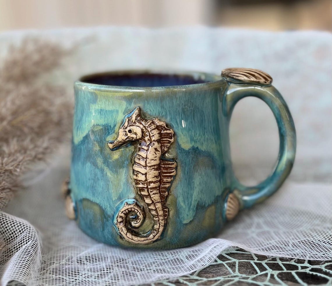Ceramic Sea Horse Cup, 10 Fl Oz / 300 Ml, Seaside Coffee Cup, Wave Mug ...