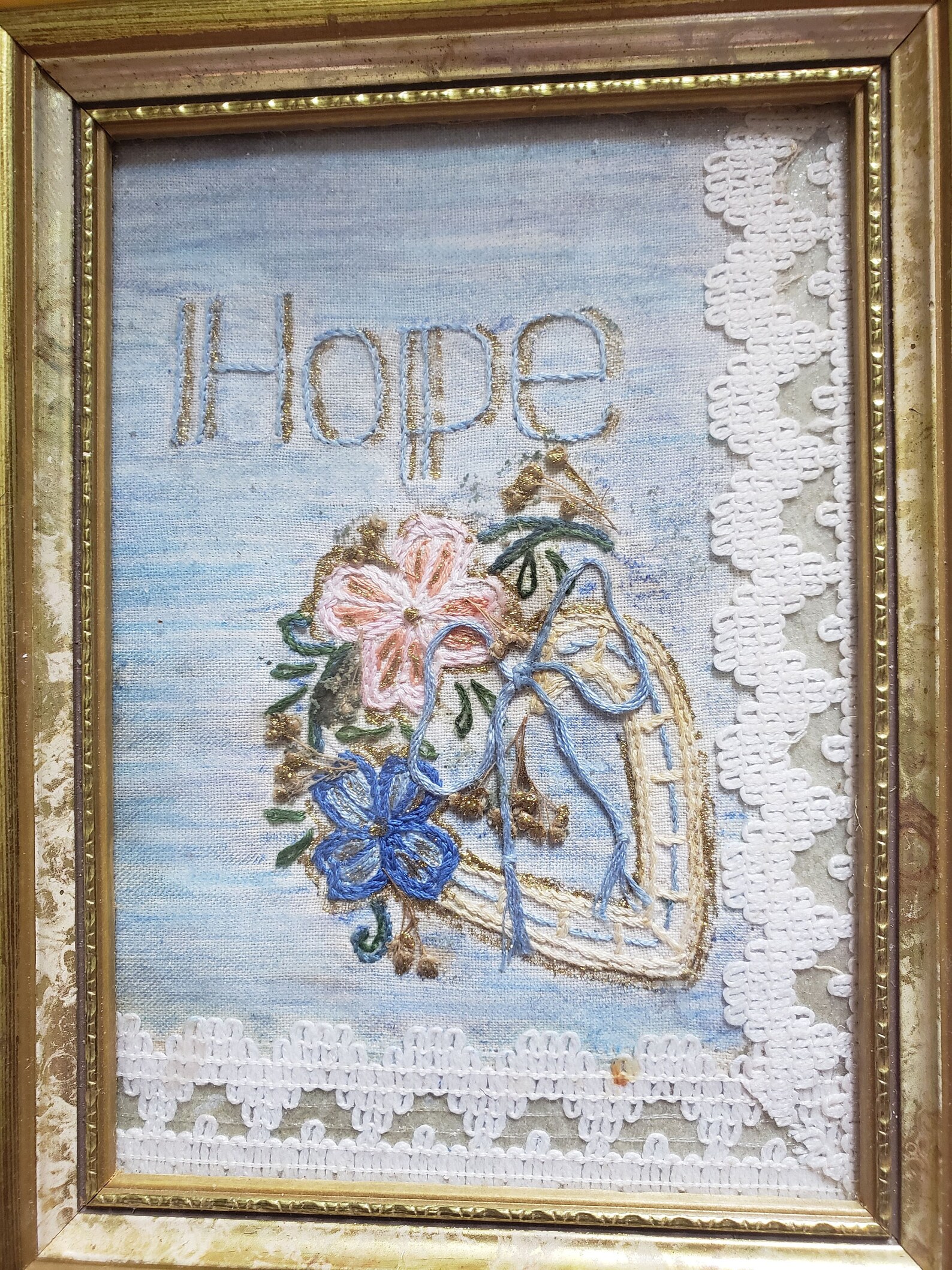 Vintage Cottage Framed Needlepoint, Lace and Paint Mixed Media Framed ...