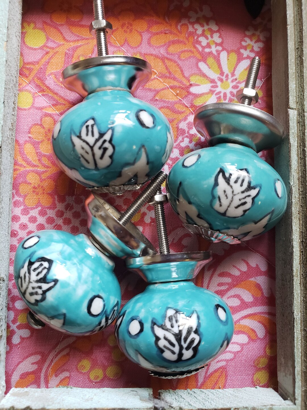 Salvaged Hand Painted Ceramic Drawer Pulls - Turquoise, Black & White ...