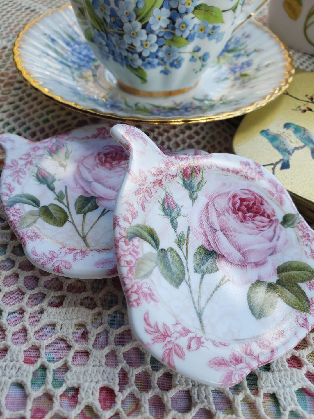 Pretty Pink Rose Tea Bag Rests*pretty Pink Rose Teaspoon Rest*tea Table ...