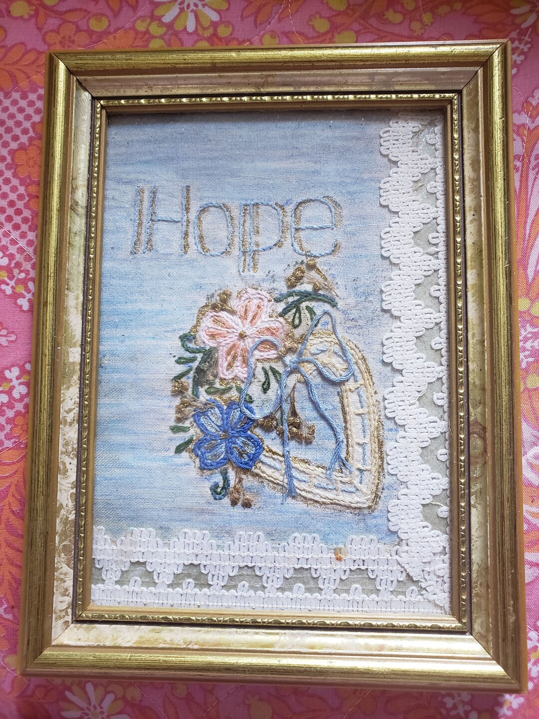 Vintage Cottage Framed Needlepoint, Lace and Paint Mixed Media Framed ...
