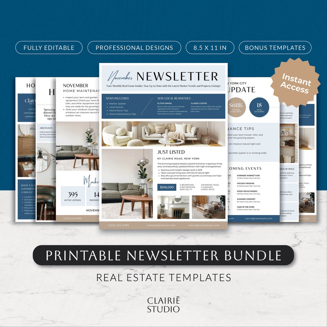 Printable Navy Newsletter Template Bundle, Real Estate Marketing Kit ...