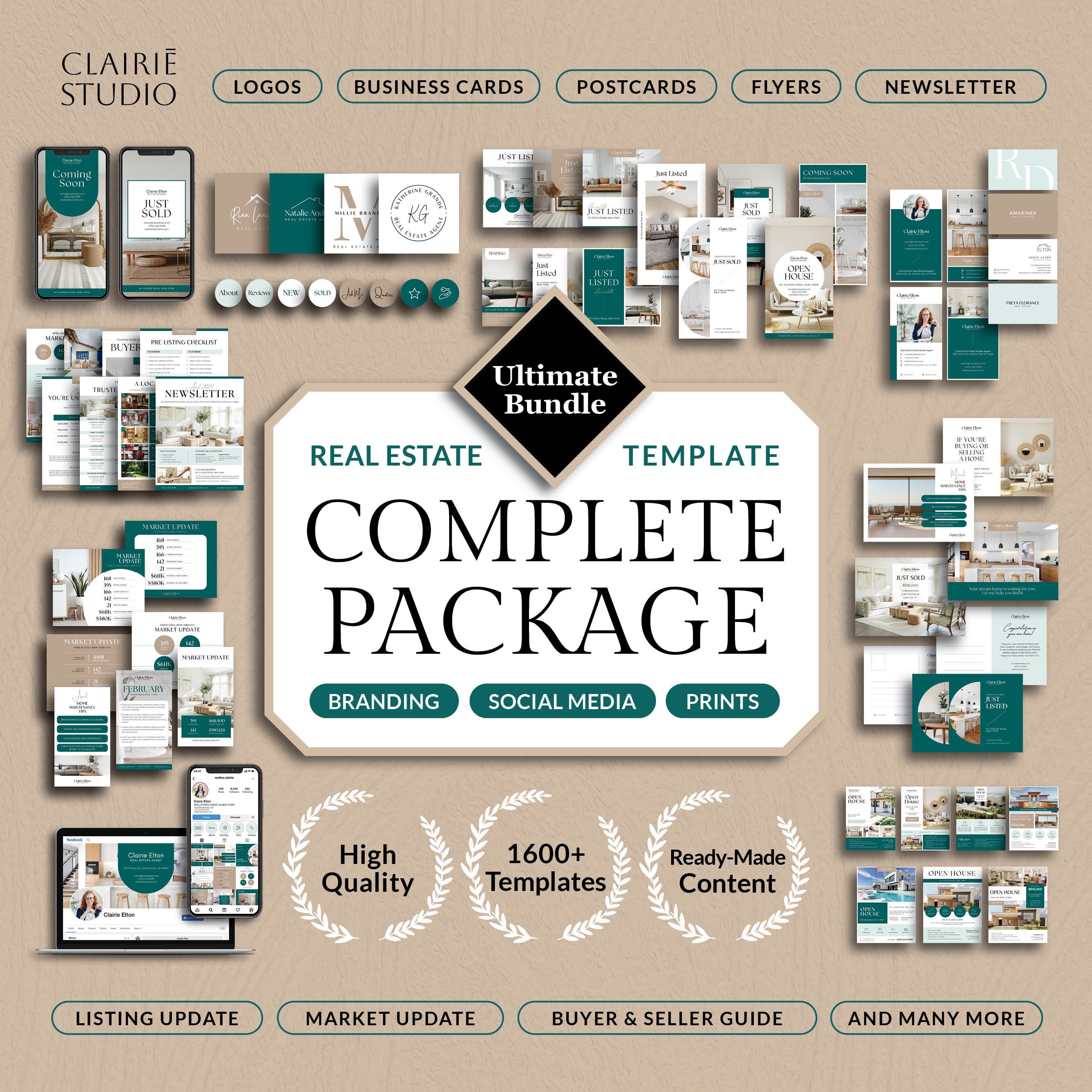 Real Estate Template Bundle, Teal and Gold Realtor Branding Kit, Real ...