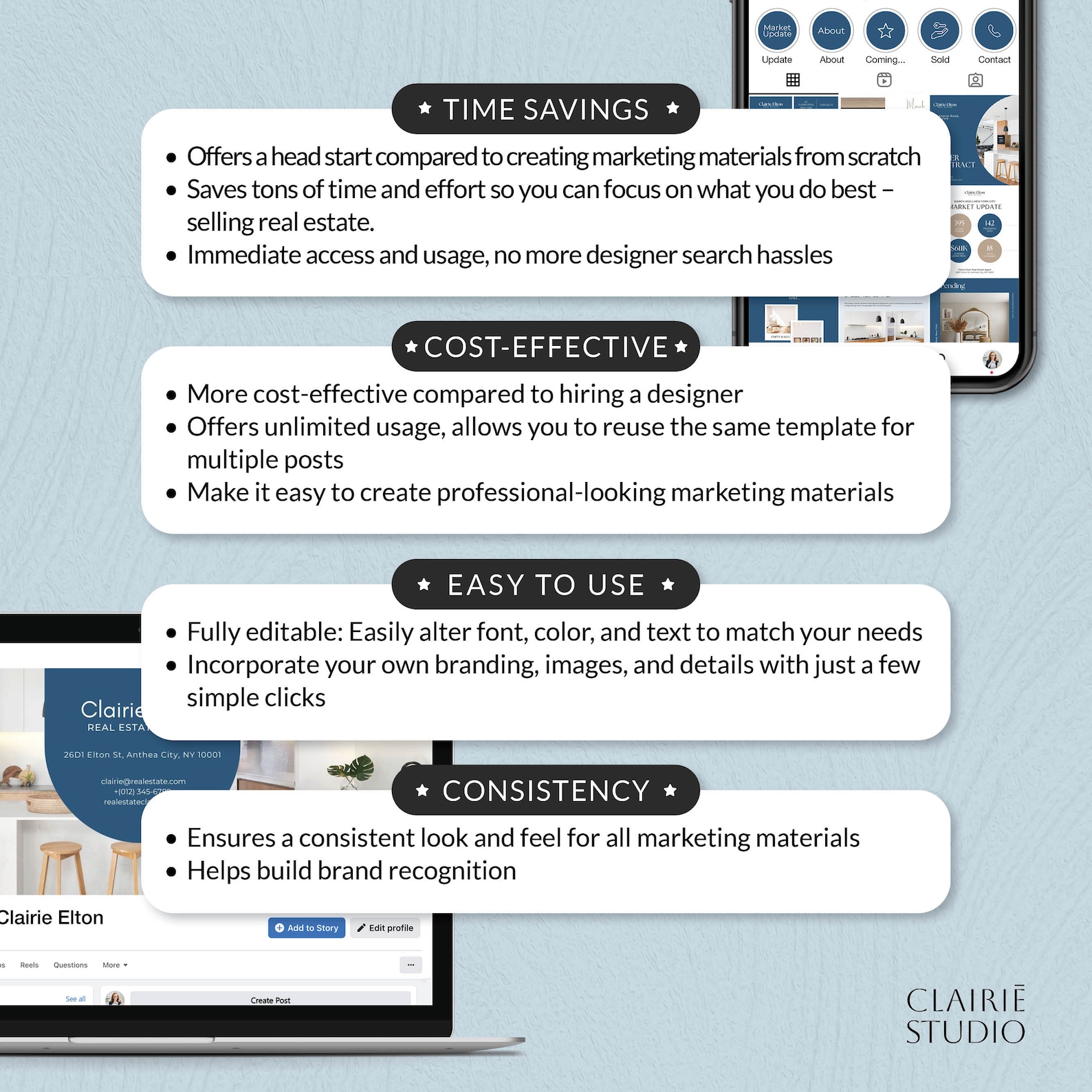 Navy Real Estate Social Media Template Bundle, Modern Realtor Editable ...