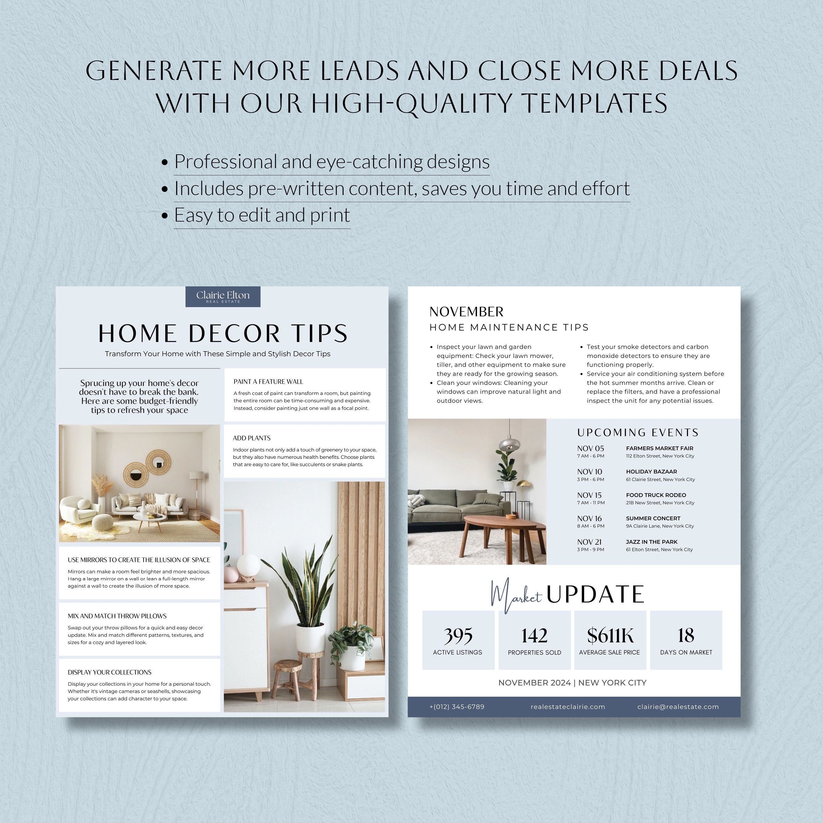 Printable Newsletter Template Bundle, Real Estate Marketing Kit ...