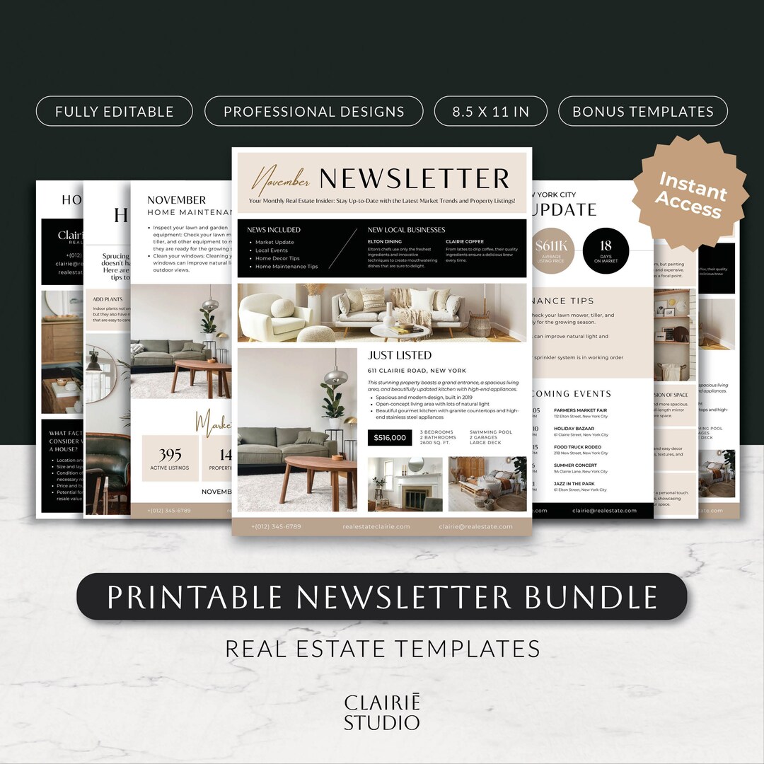 Printable Newsletter Template Bundle, Real Estate Marketing Kit ...