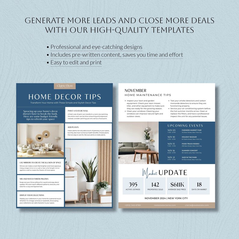 Printable Navy Newsletter Template Bundle Real Estate - Etsy