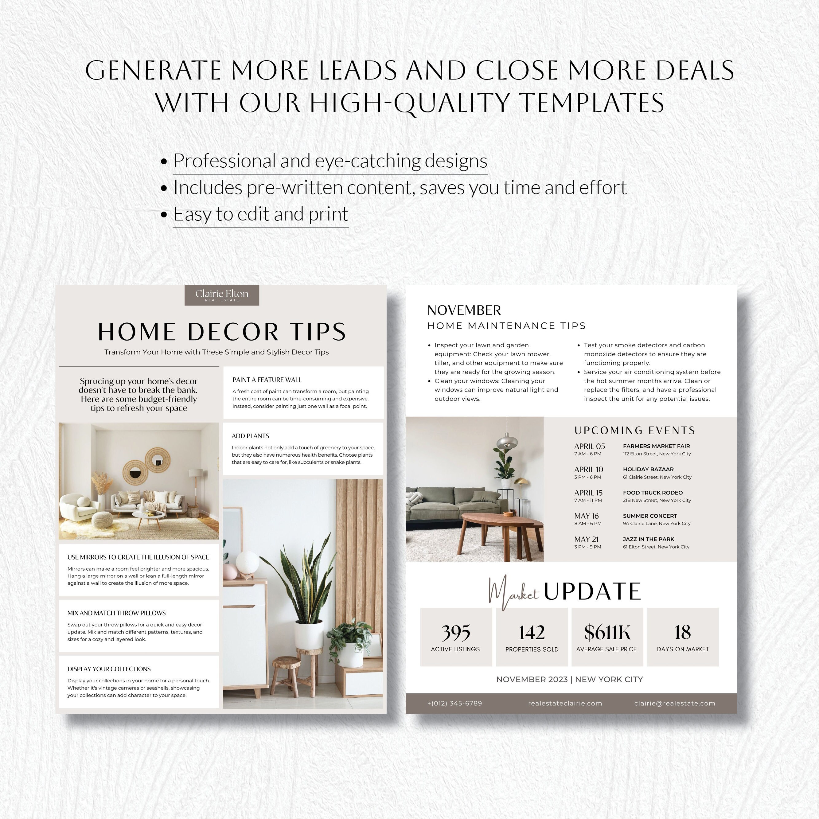 Printable Newsletter Template Bundle, Real Estate Marketing Kit ...