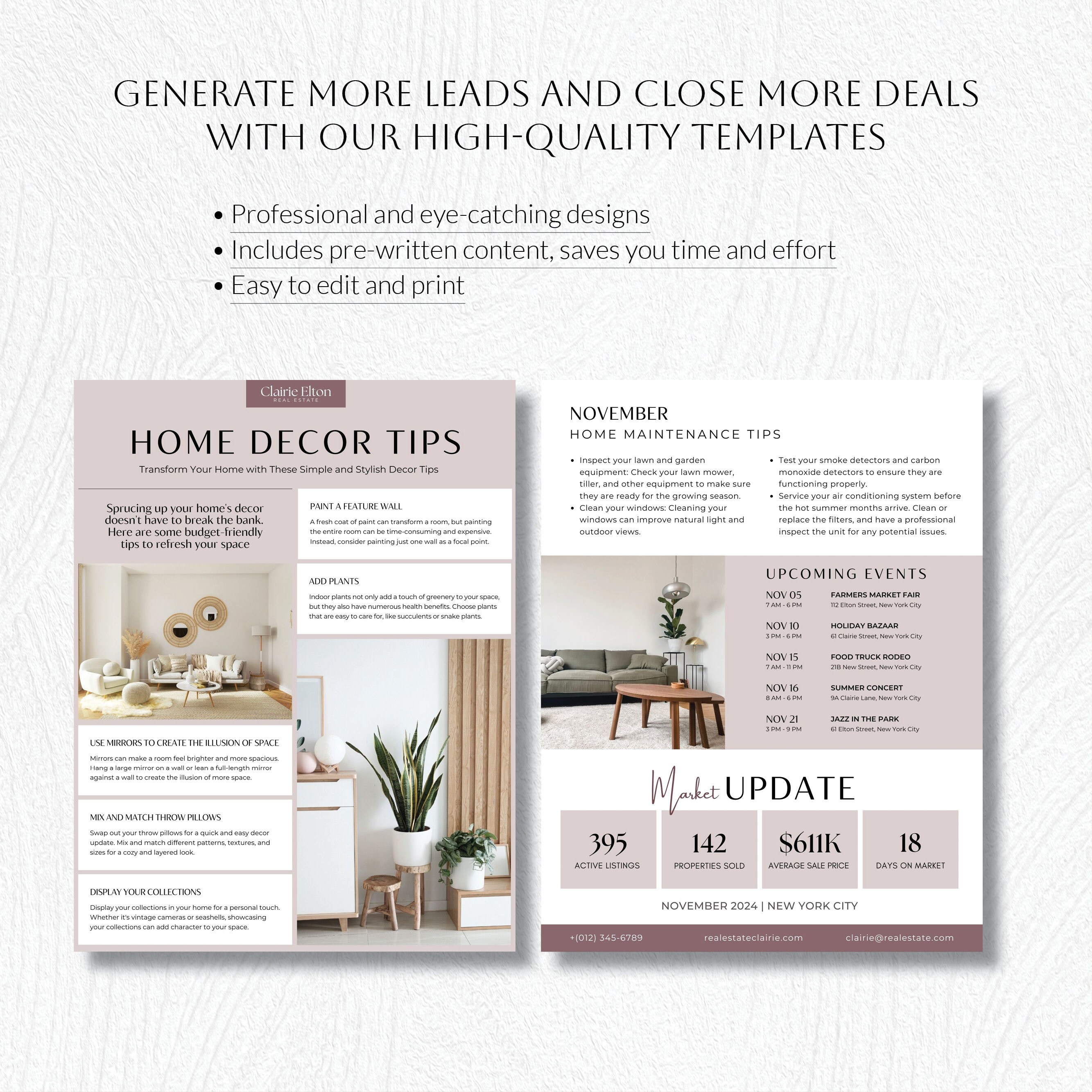 Printable Newsletter Template Bundle, Real Estate Marketing Kit ...