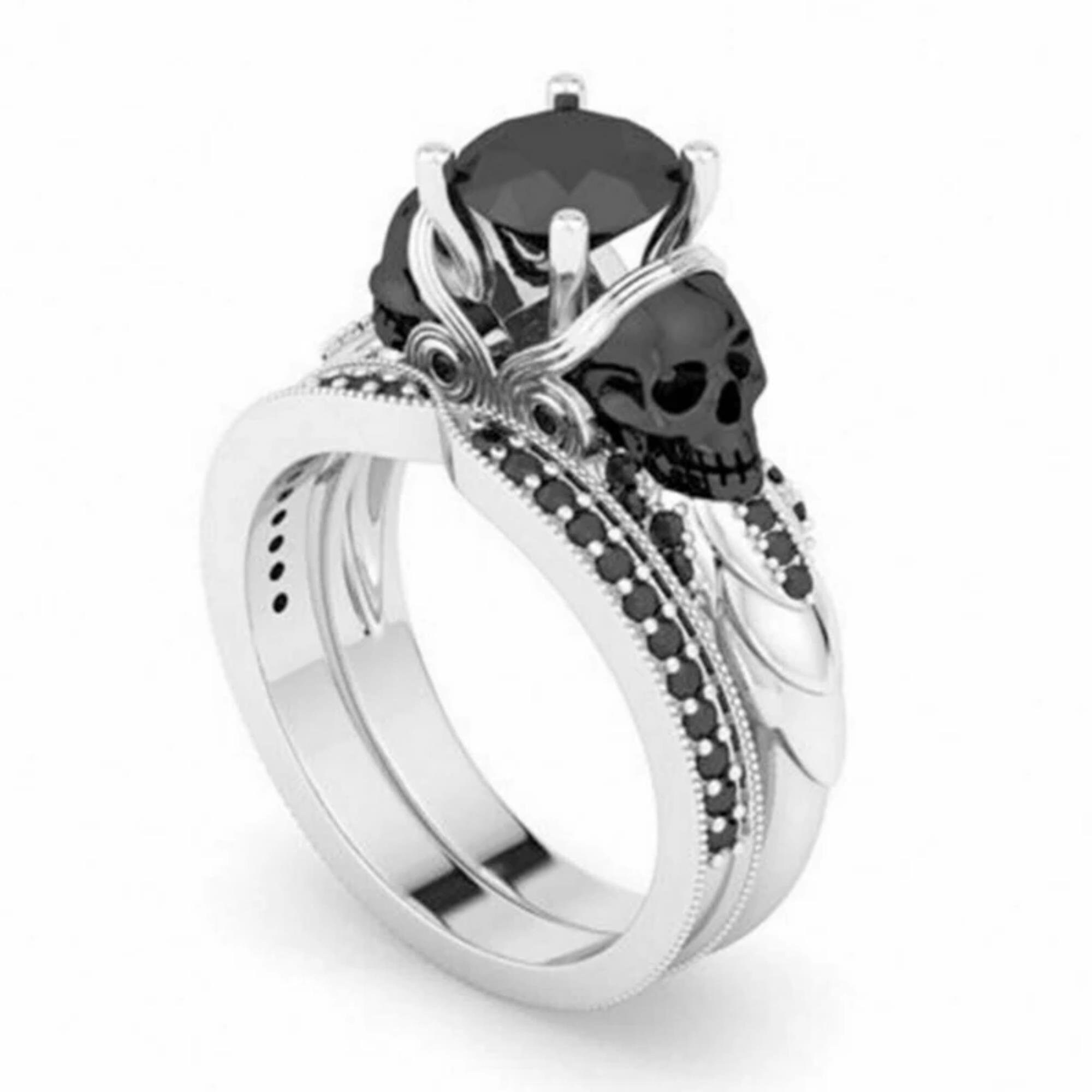 Gothic Black Face Skull Ring Set, Black Diamond Skull Wedding Ring Set ...