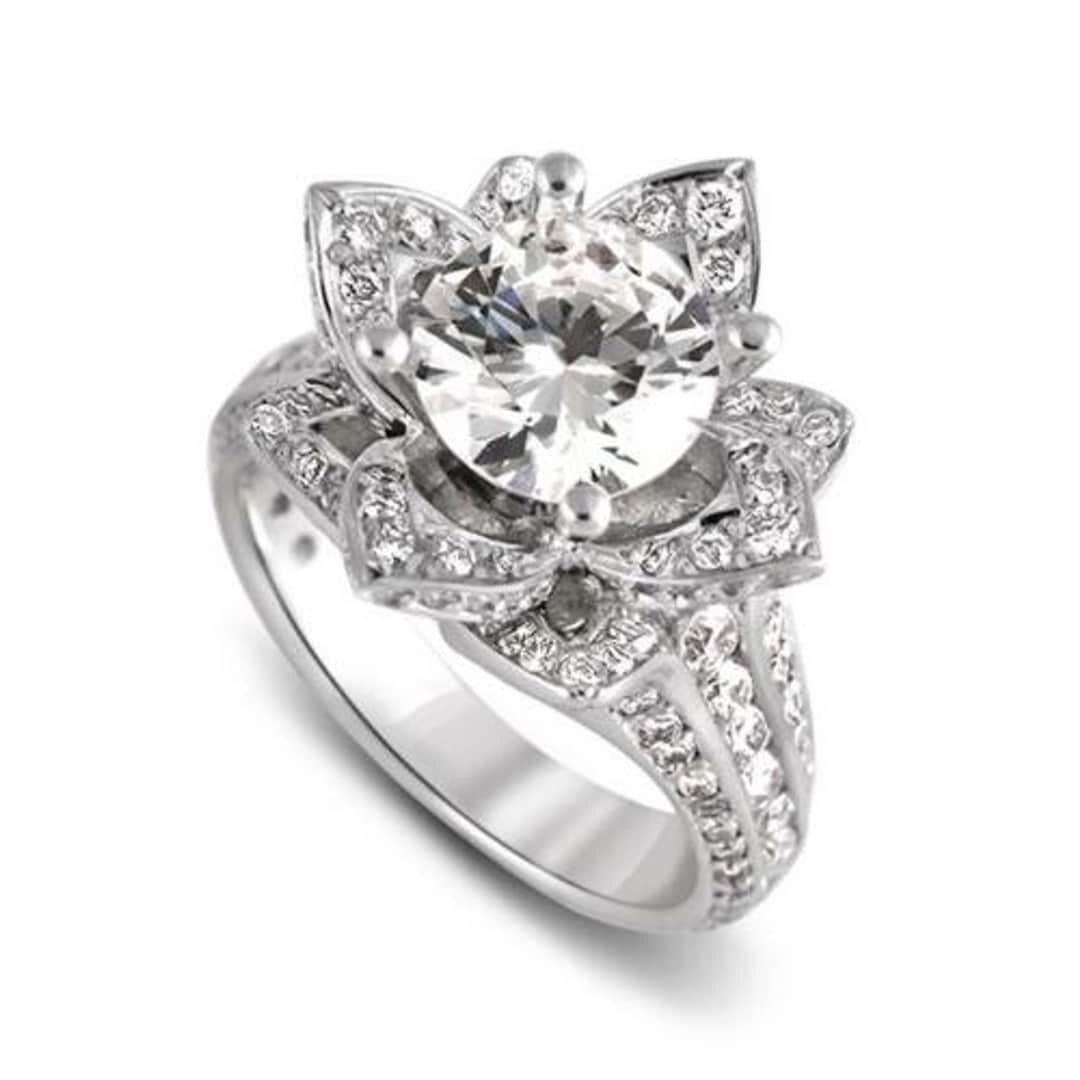 Lotus Flower Engagement Diamond Ring, 2.40ct White Round Cut Diamond ...