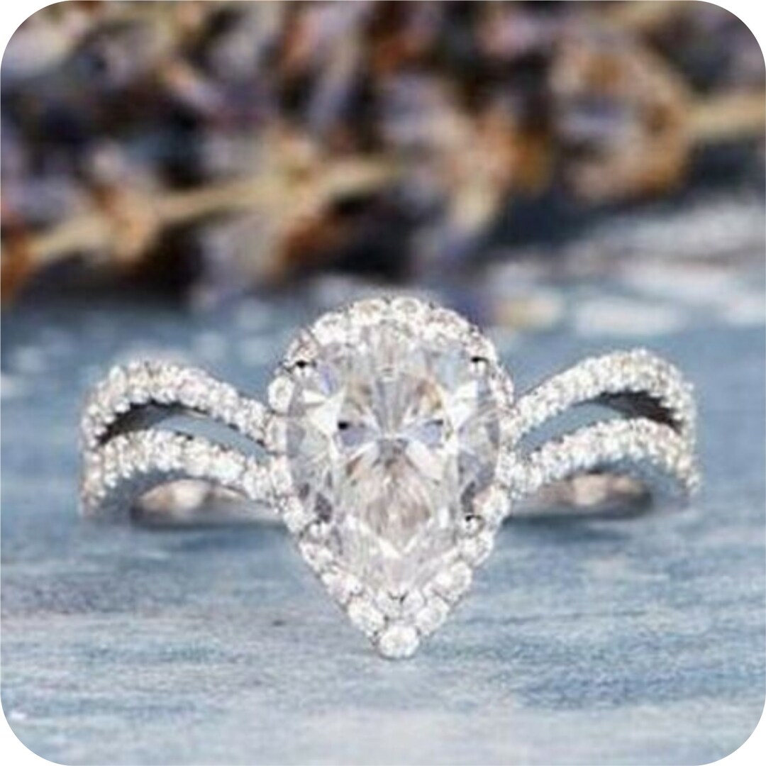 2.80ct White Pear Diamond Wedding Ring, Halo Vintage Engagement Ring ...