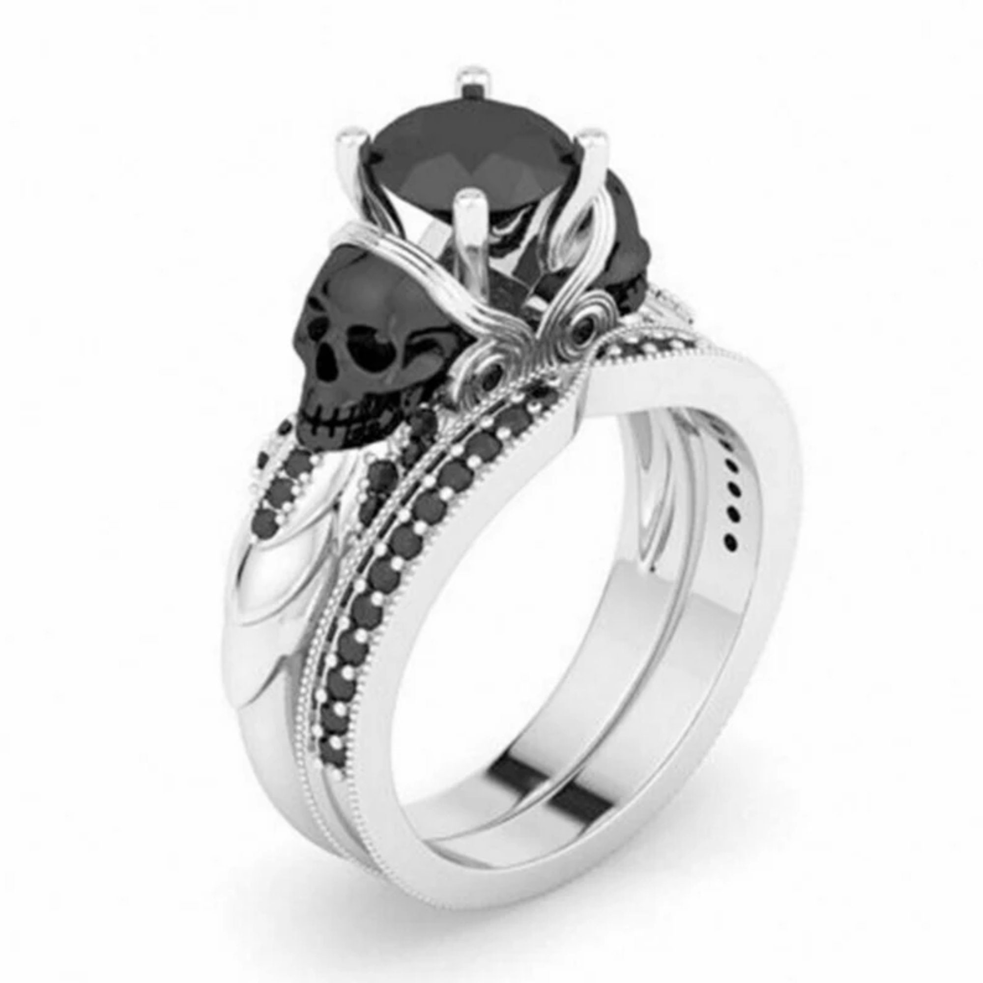 Gothic Black Face Skull Ring Set, Black Diamond Skull Wedding Ring Set ...