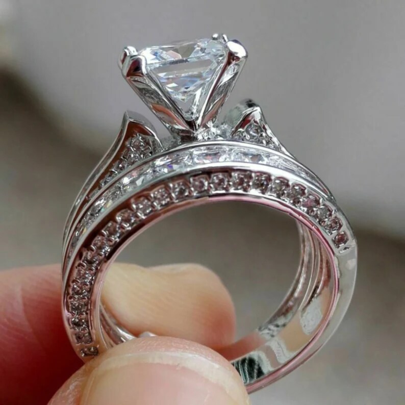 High Set Engagement Ring Set, 2.80ct White Princess Diamond Bridal Ring ...