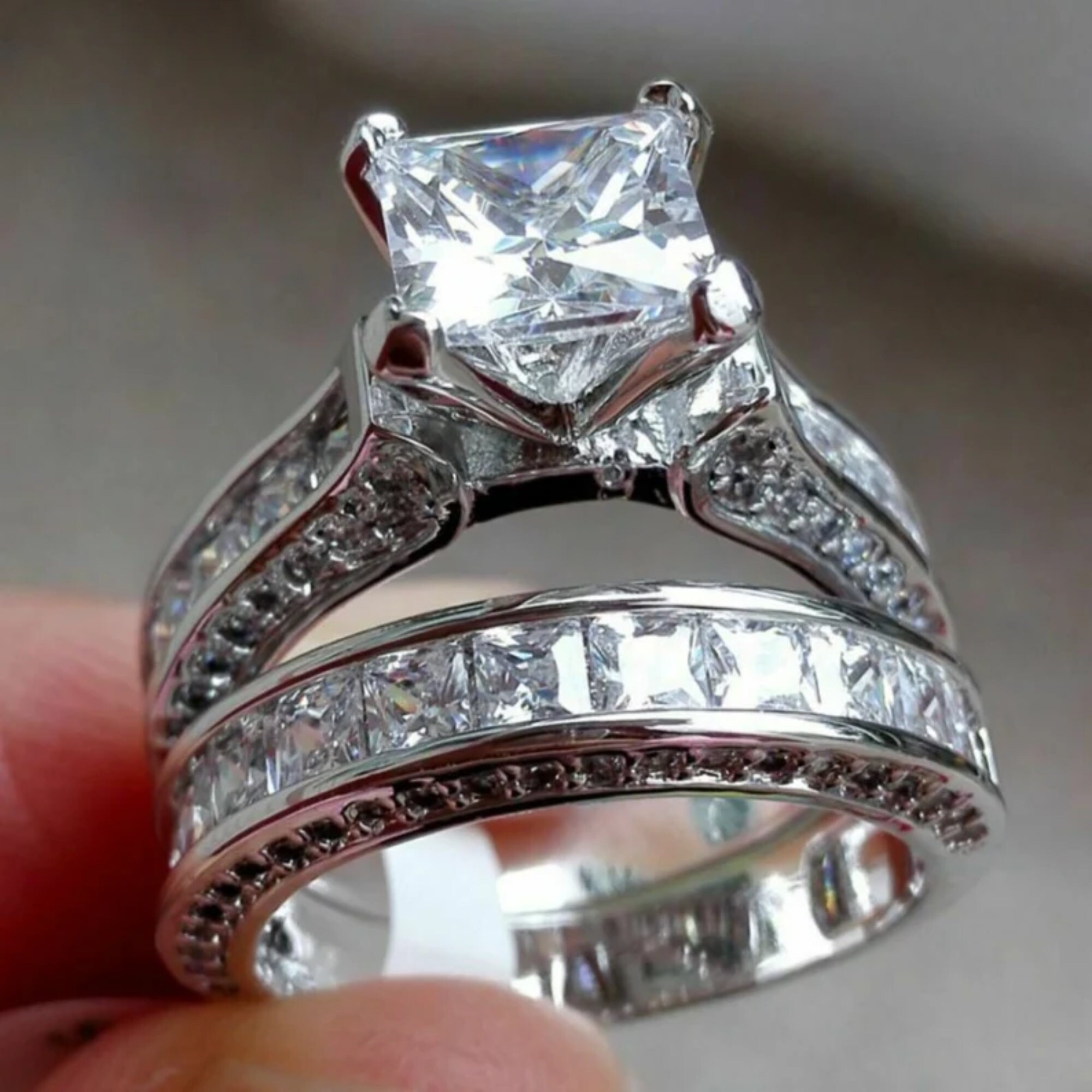 High Set Engagement Ring Set, 2.80ct White Princess Diamond Bridal Ring ...