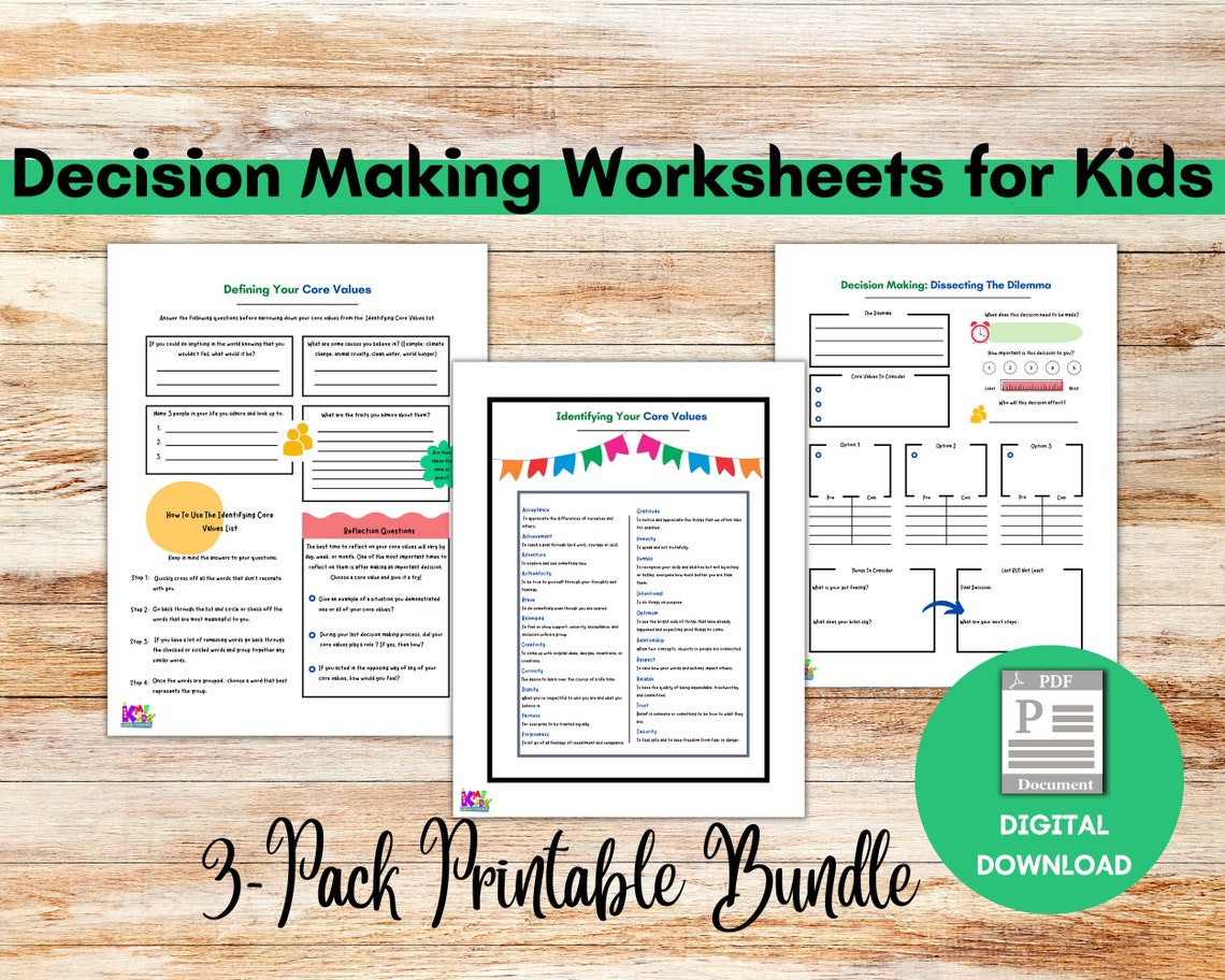 Decision Making Worksheet for Kids, Helping Kids to Develop Core Values ...