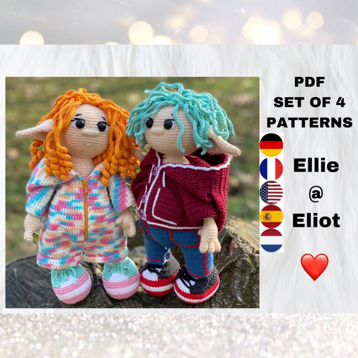 Amigurumi Elf Ellie and Eliot in Outfits Patterns. SET of 4 PATTERNS. CROCHET Pattern Elfs Dolls ...