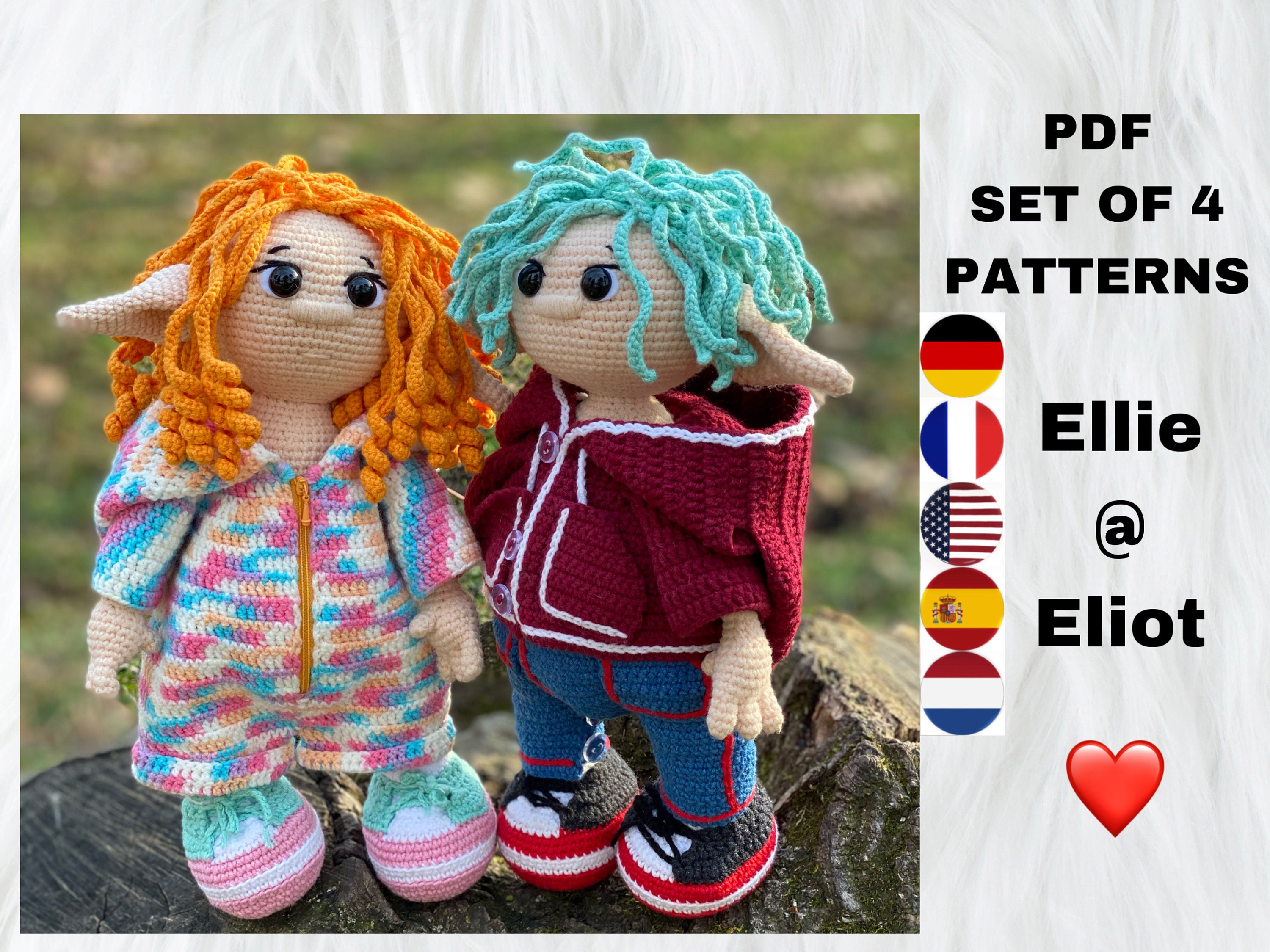Amigurumi Elf Ellie and Eliot in Outfits Patterns. SET of 4 - Etsy