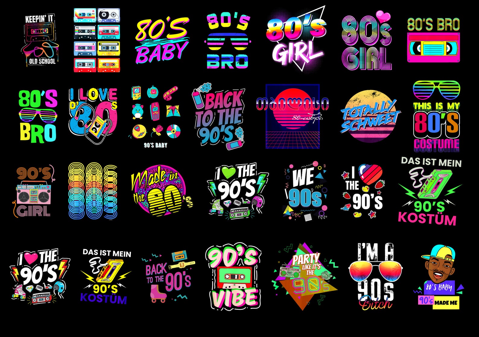 80s 90s Clipart, Neon 80s Clipart Bundle, Roller Skates Clipart, Retro ...