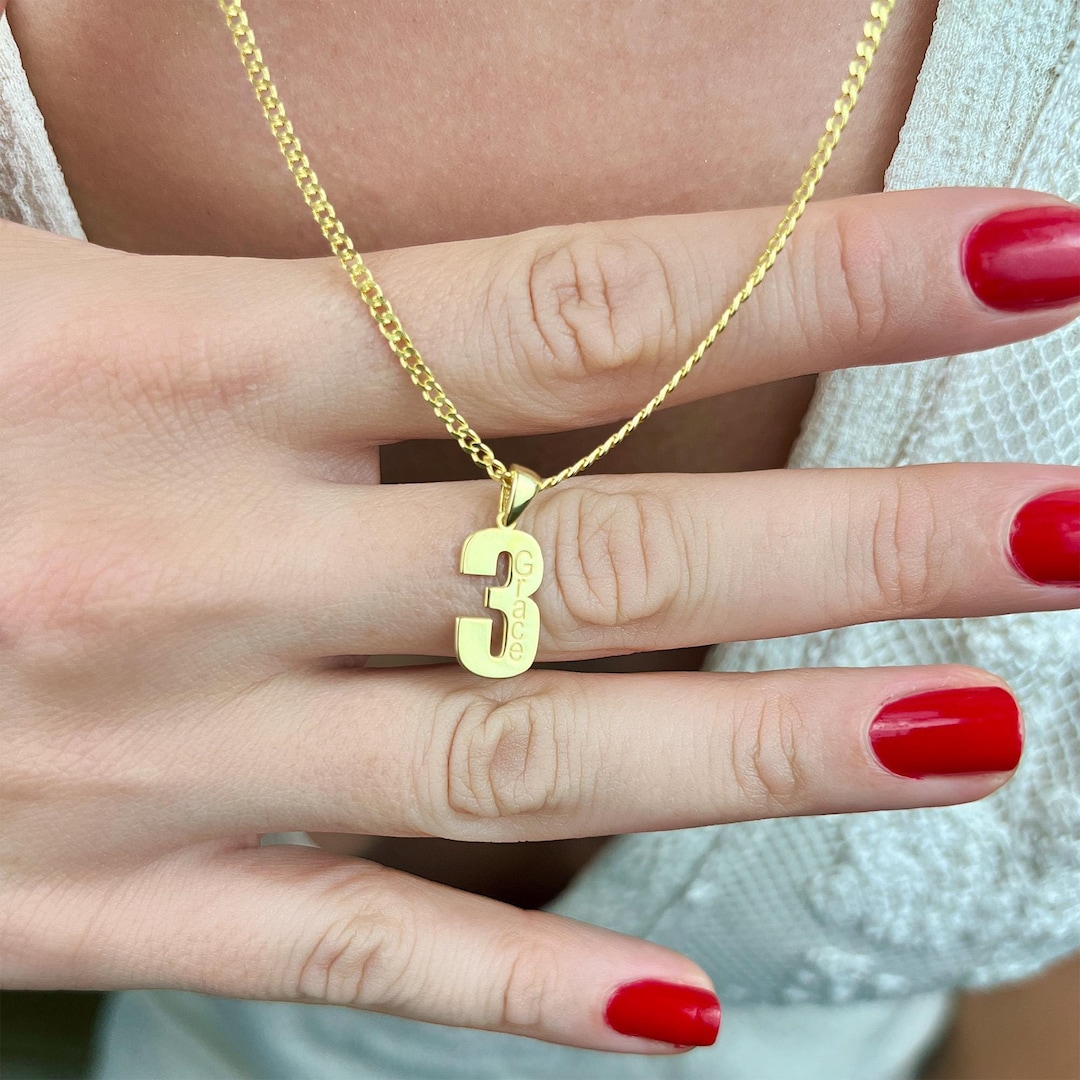 Personalized Number Necklace: 14k Gold Sterling Silver Sports Pendant ...