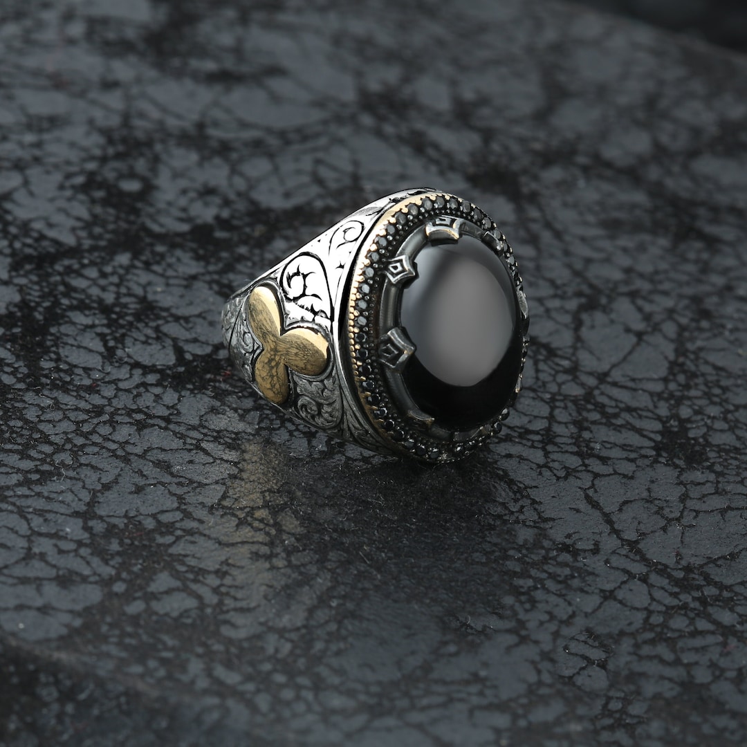 Vintage-inspired Black Onyx Signet Ring, Sterling Silver With Gold ...