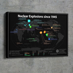 Nuclear Explosions Map Canvas Wall Art World Map Canvas 1945 Nuclear ...