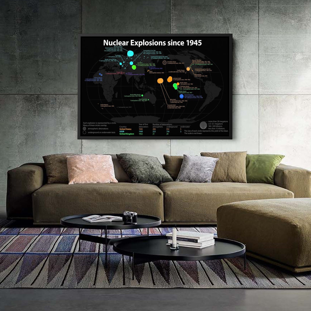 Nuclear Explosions Map Canvas Wall Art World Map Canvas 1945 Nuclear ...