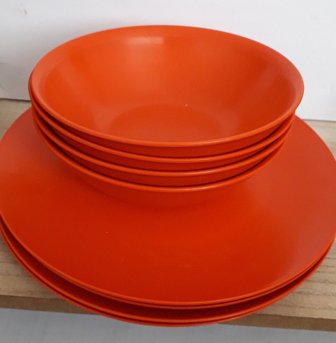 Four Orange Melaware Bowls and Small Plates - Etsy