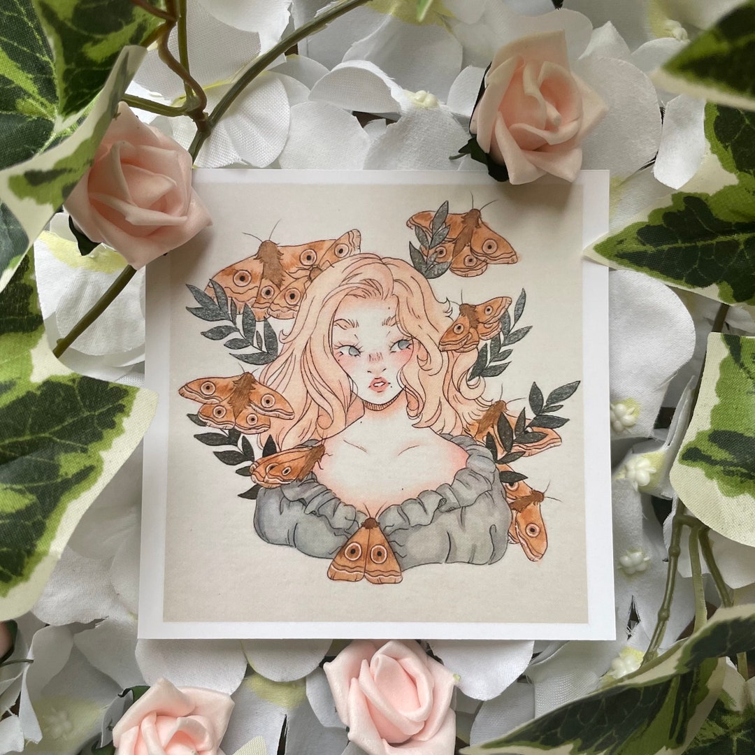 Cottagecore Girl With Cute Fuzzy Moths Art Print | Watercolour and Ink ...