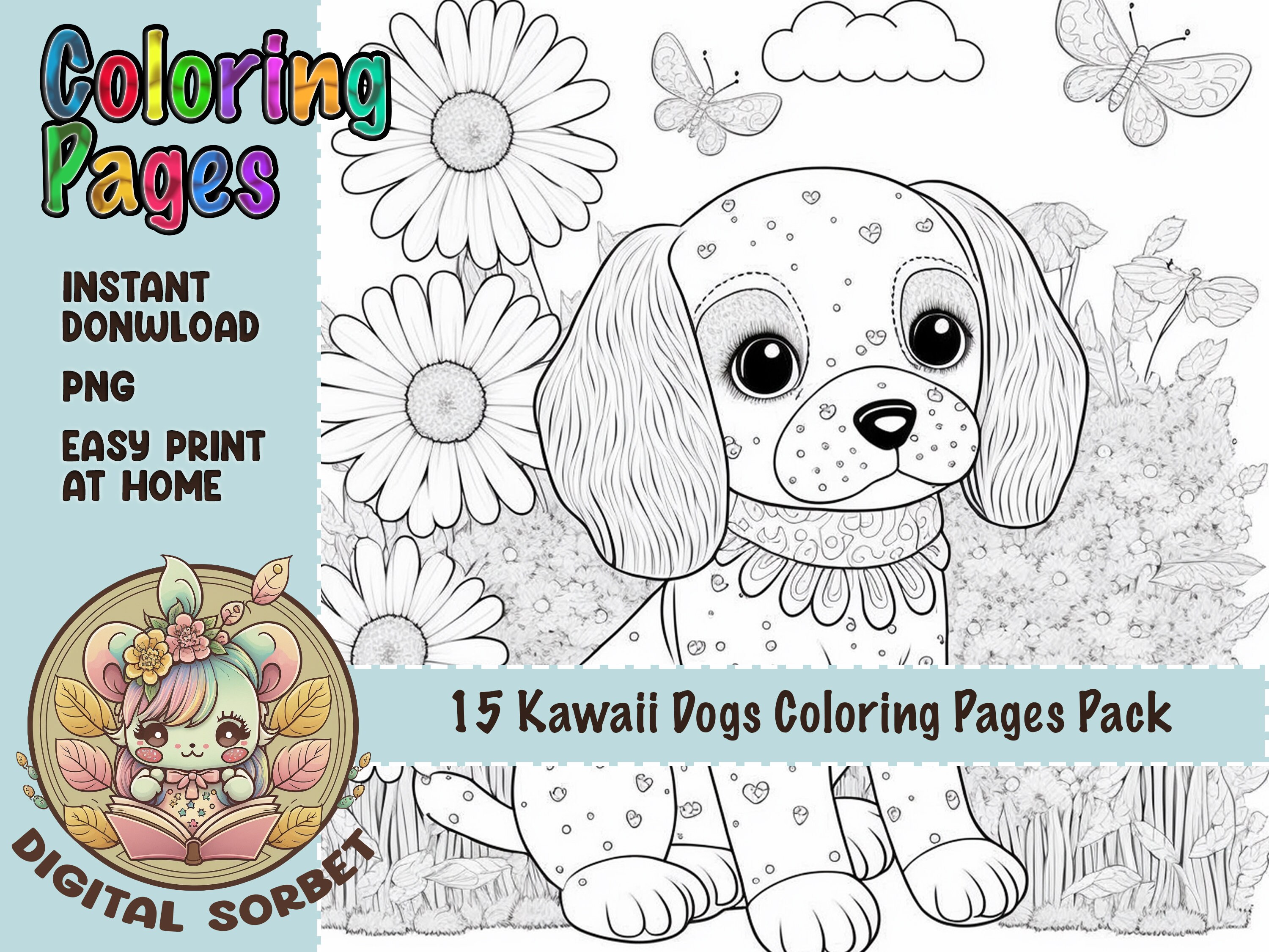 Kawaii Dogs Coloring Pages: 15 Amazing Cute Puppy for Adults and ...
