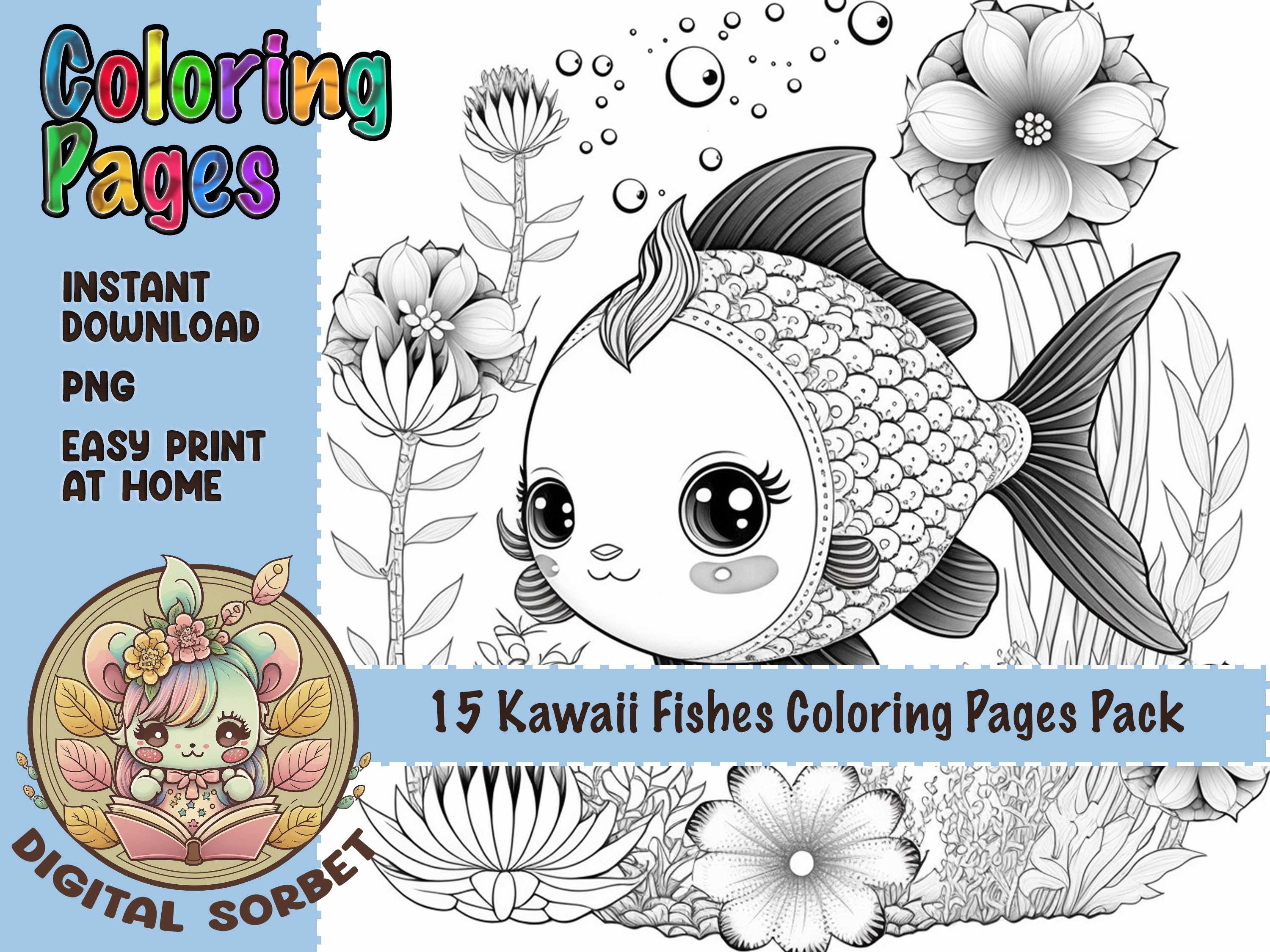 Kawaii Fish Coloring Pages: 15 Cute Fish for Adults and Children ...