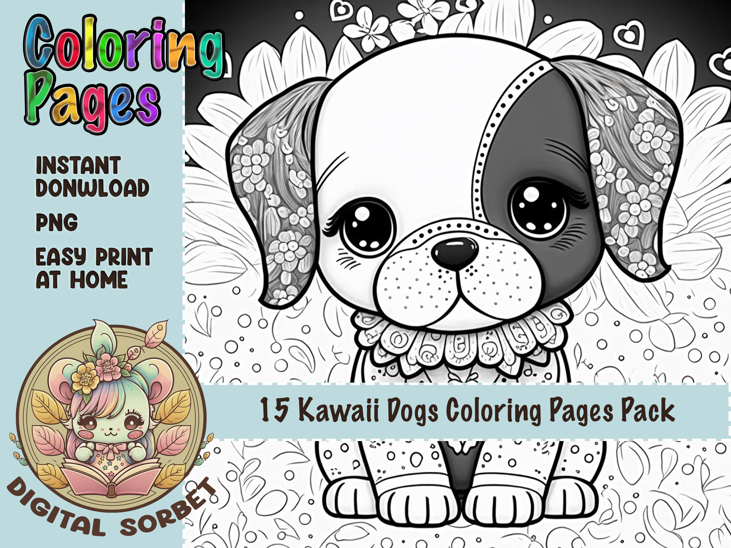 Kawaii Dogs Coloring Pages: 15 Amazing Cute Puppy for Adults and ...