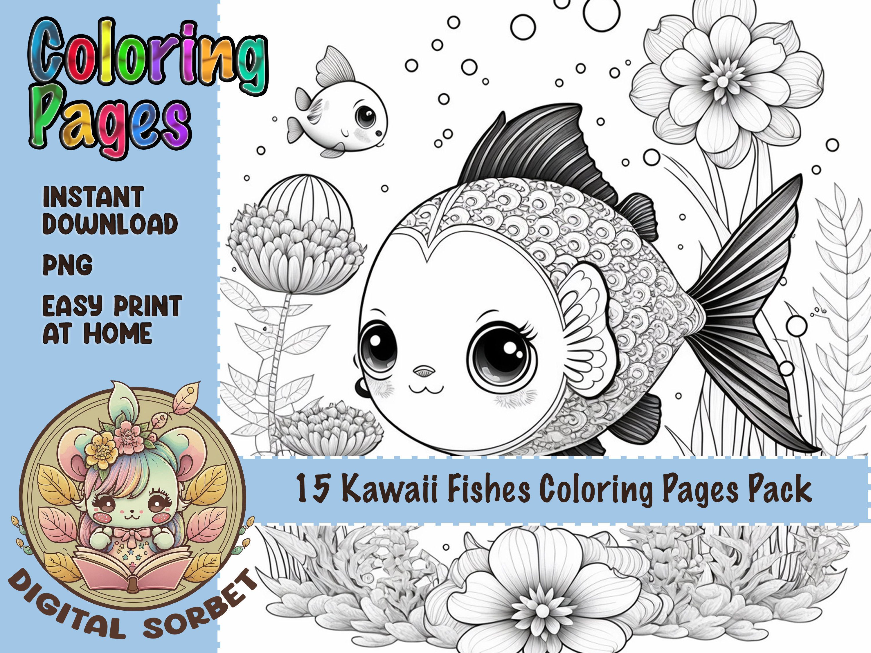 Kawaii Fish Coloring Pages: 15 Cute Fish for Adults and Children ...
