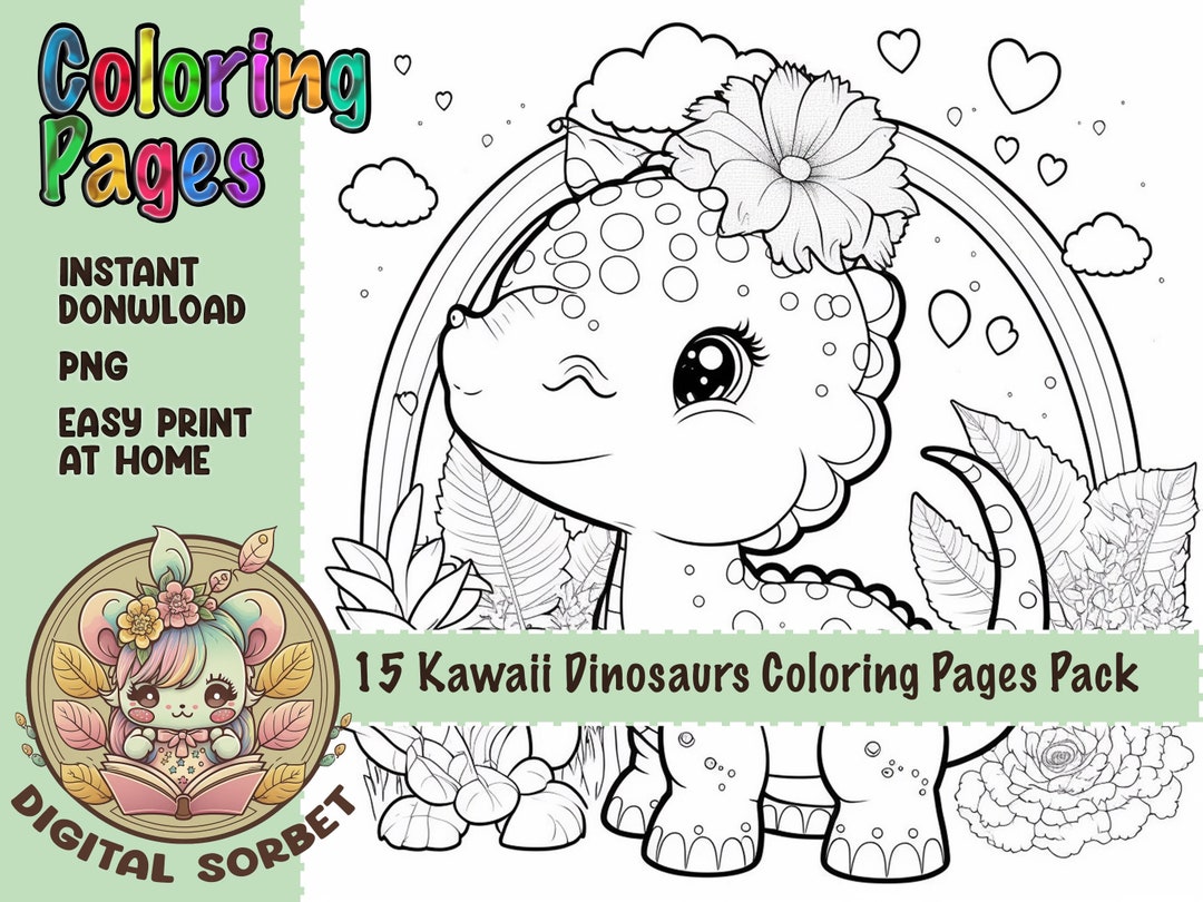 Kawaii Dinosaurs Coloring Pages: 15 Amazing Cute Dinosaurs for Adults ...