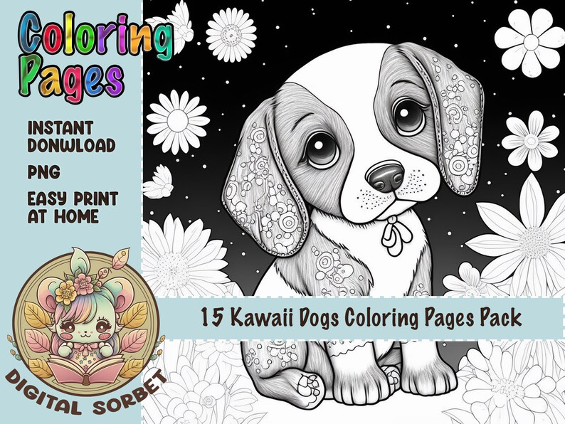 Kawaii Dogs Coloring Pages: 15 Amazing Cute Puppy for Adults and ...