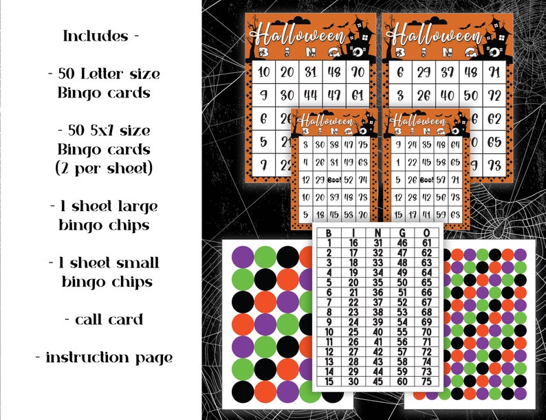 Halloween Bingo Printable Game, Set of 50 Cards in 2 Sizes With Call ...