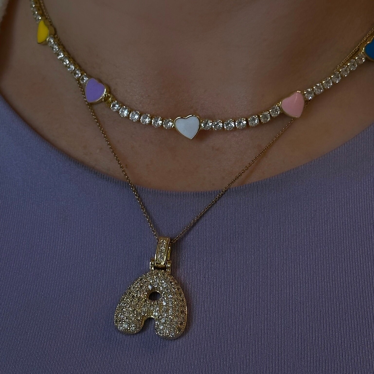 Bubble Ballon Initial Necklace Charm Pendant Custom Zircon Stones Gold ...