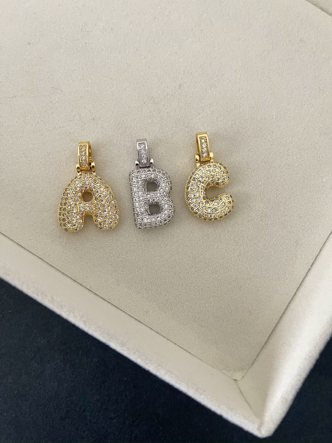 Bubble Ballon Initial Necklace Charm Pendant Custom Zircon Stones Gold ...