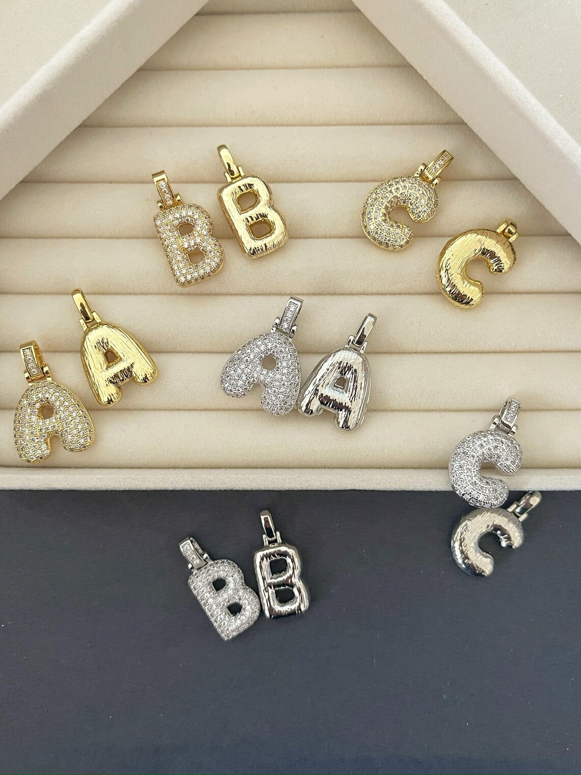 Bubble Ballon Initial Necklace Charm Pendant Custom Zircon Stones Gold ...