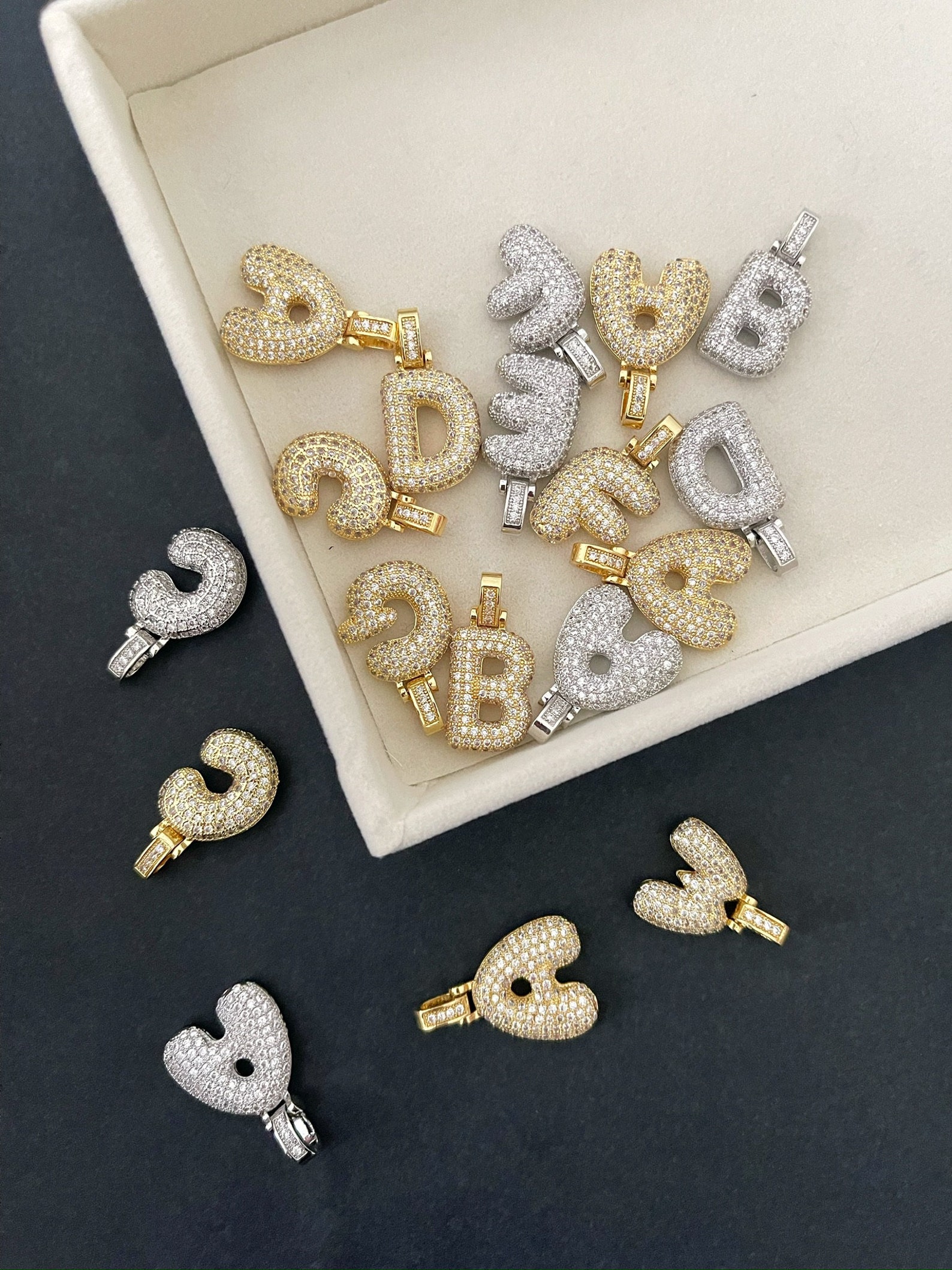 Bubble Ballon Initial Necklace Charm Pendant Custom Zircon Stones Gold ...