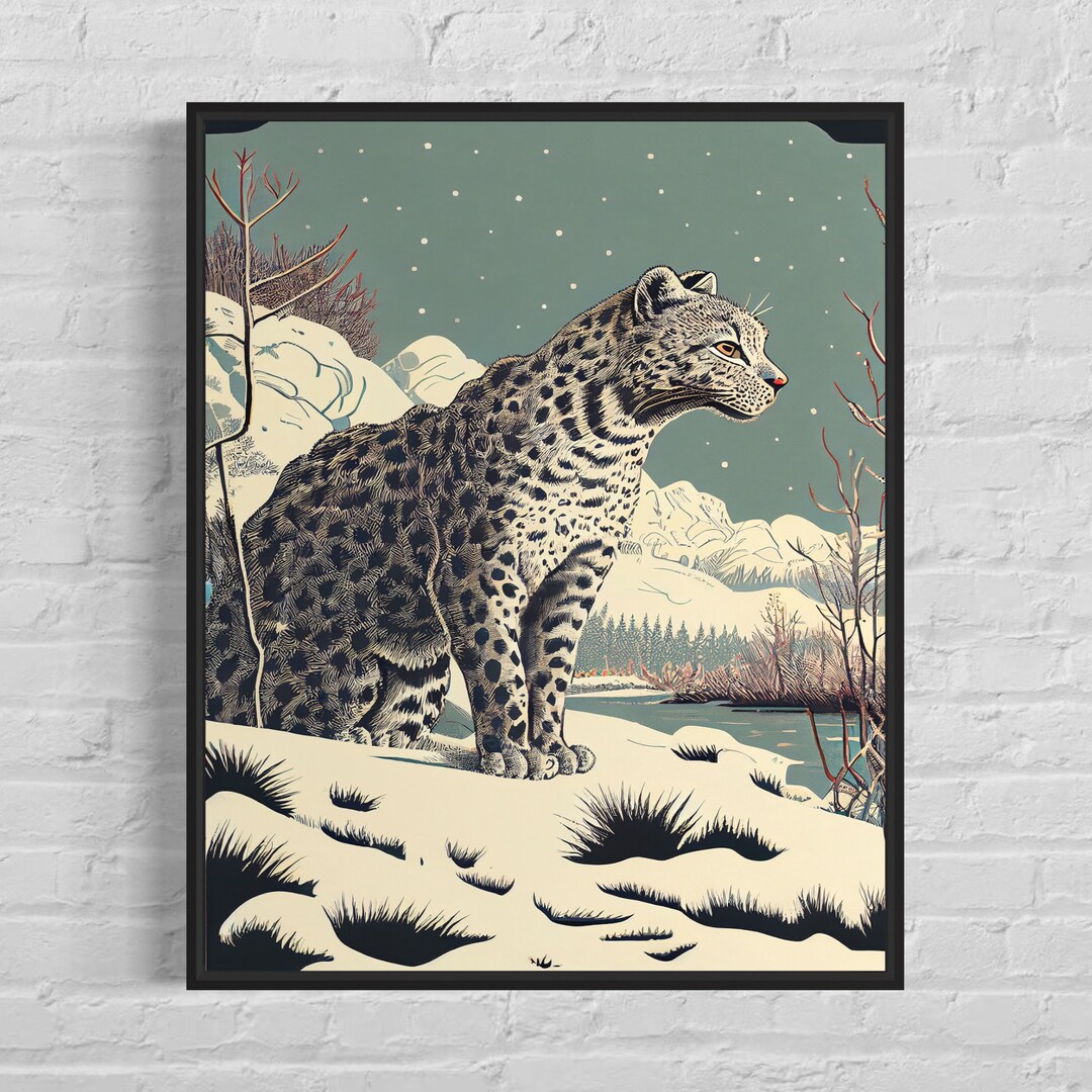 Snow Leopard Art Print Snow Leopard Vintage Poster Artwork, Snow ...