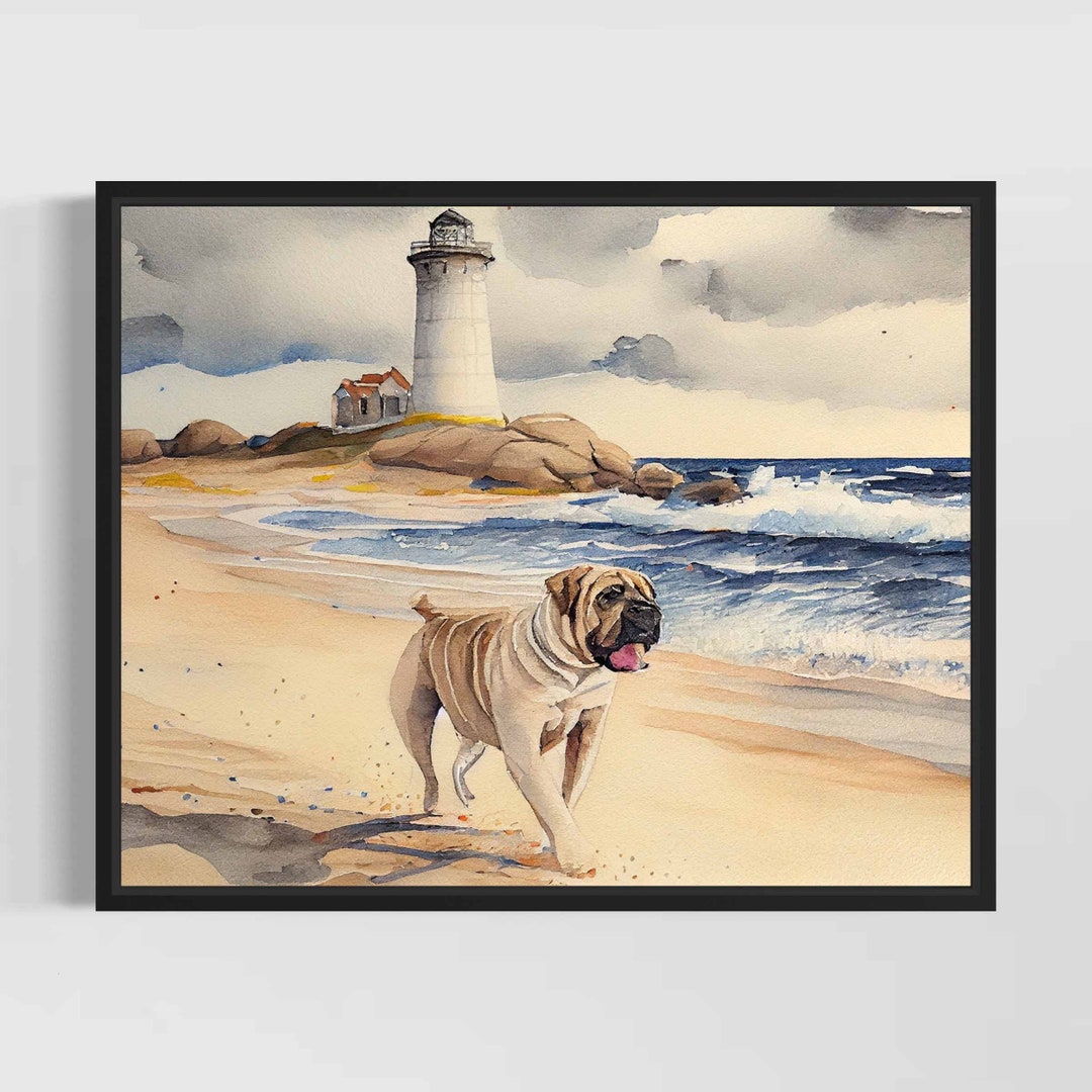 Assyrian Mastiff at the Beach Watercolor Art Print Hand Signed Limited ...
