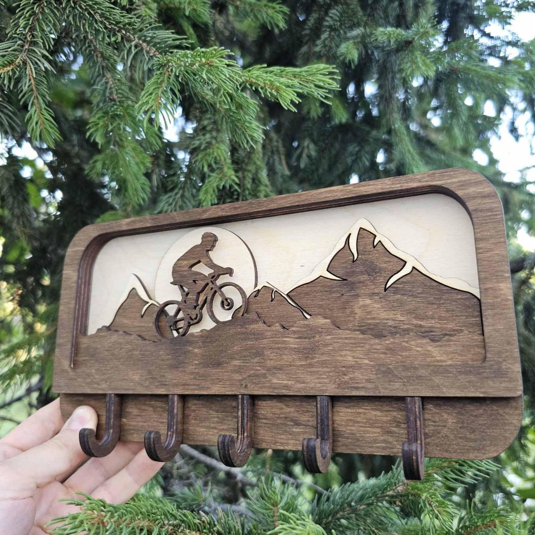 Wooden Key Hanger With Mountain and Cyclist Design, Wall Art, Key Rack ...