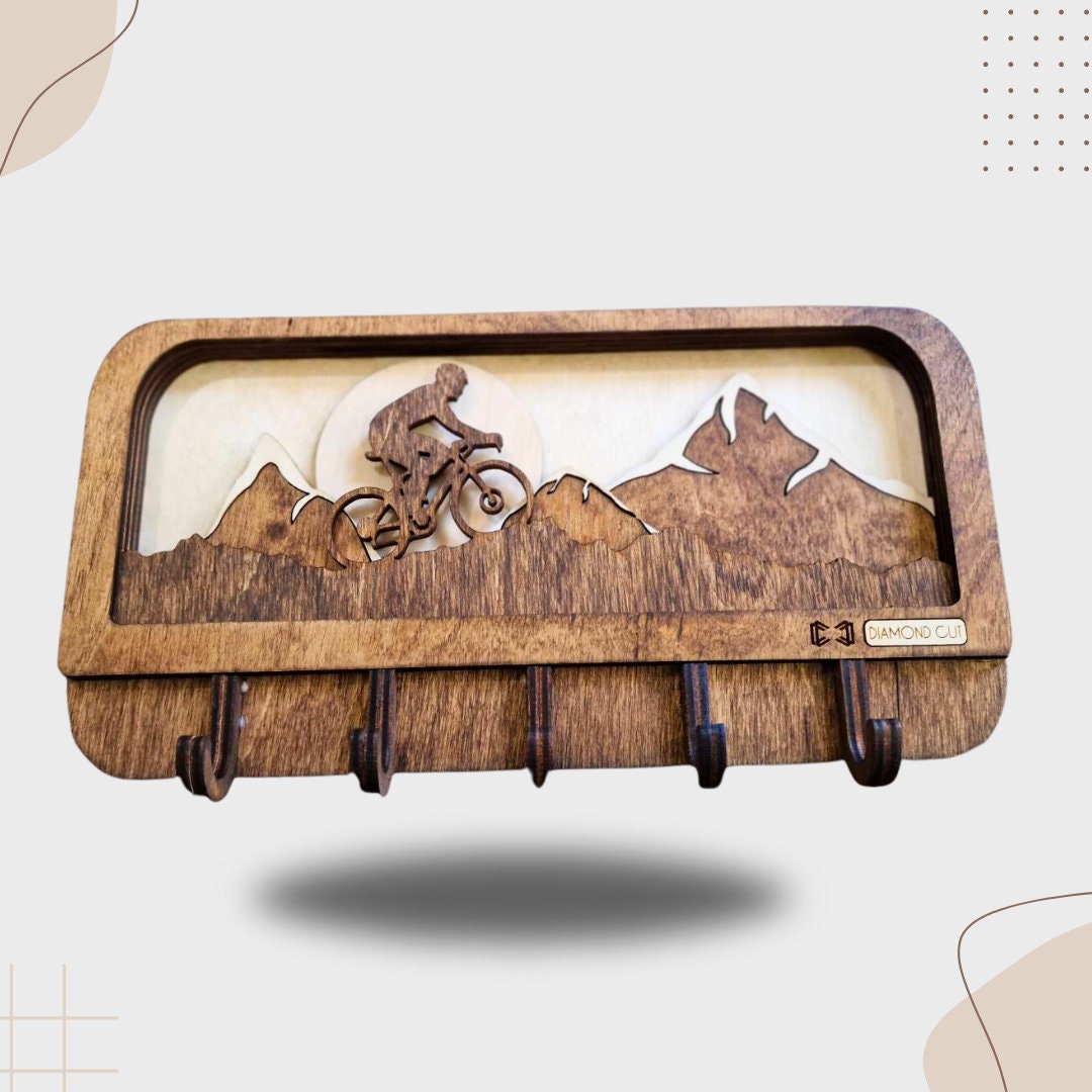 Wooden Key Hanger With Mountain and Cyclist Design, Wall Art, Key Rack ...