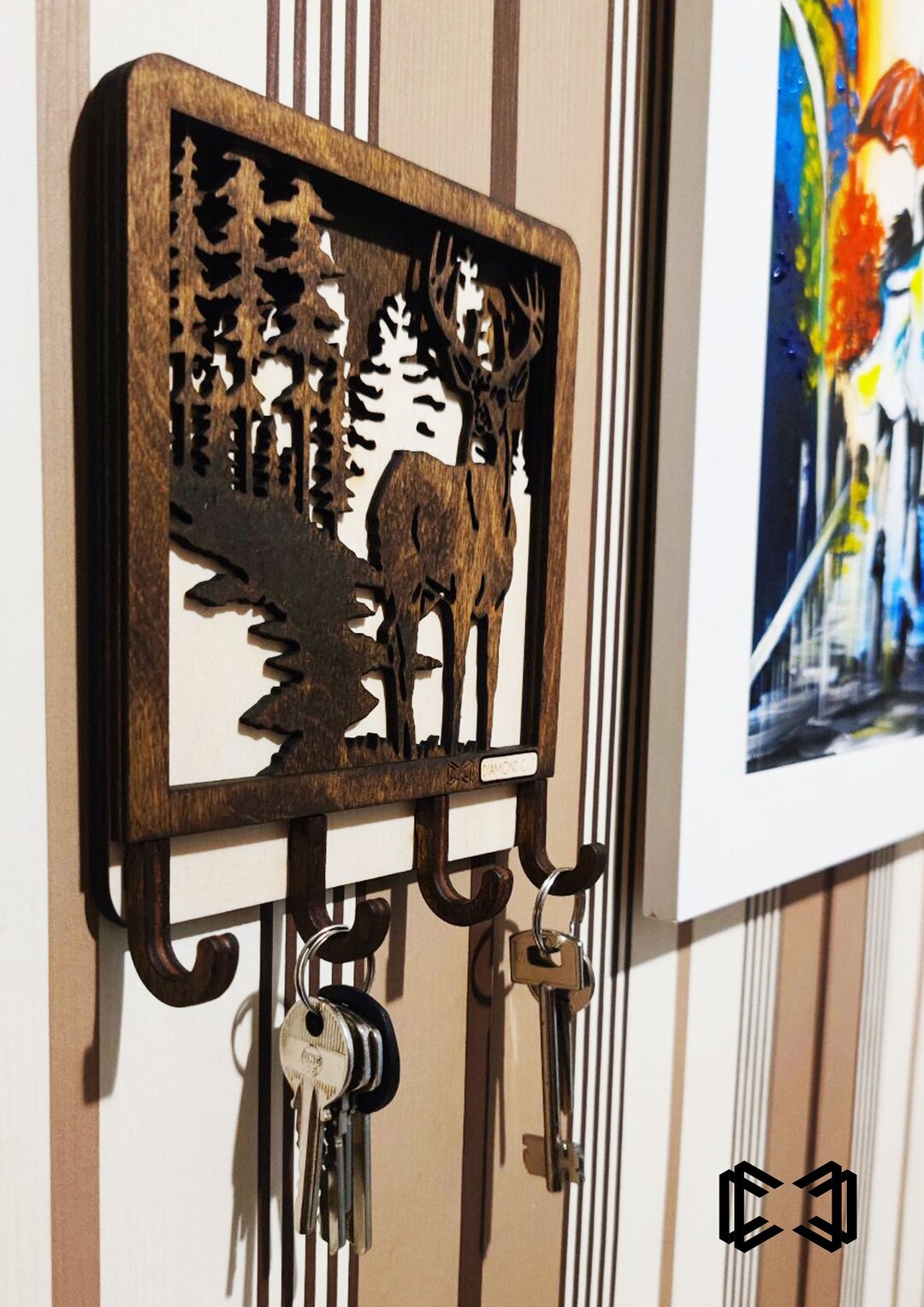 Deer Key Holder: Wooden Forest Motif Organizer With 4 Hooks Nature ...