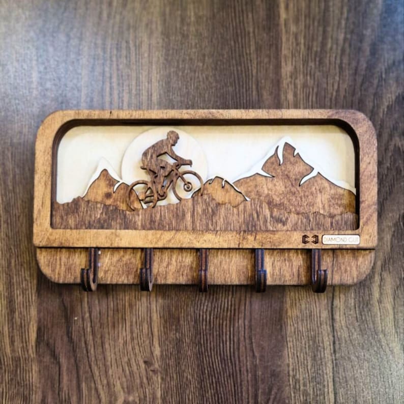 Wooden Key Hanger With Mountain and Cyclist Design, Wall Art, Key Rack ...